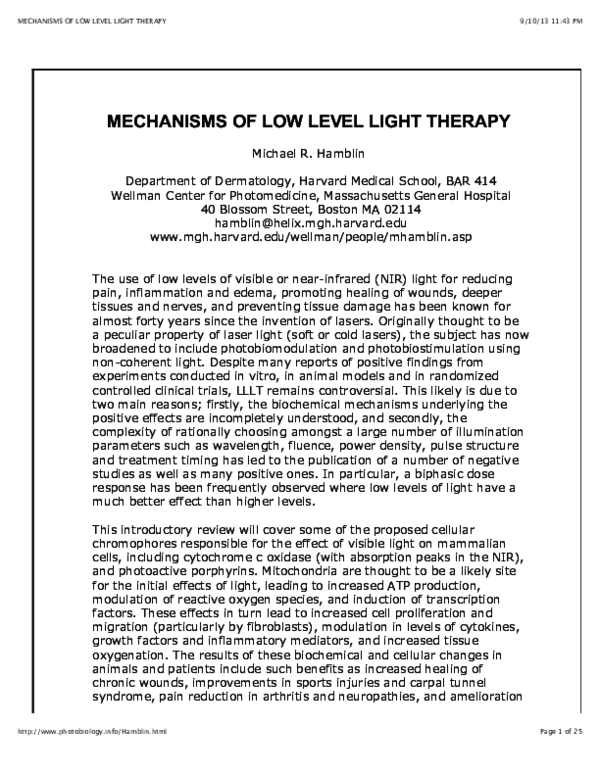(PDF) MECHANISMS OF LOW LEVEL LIGHT THERAPY