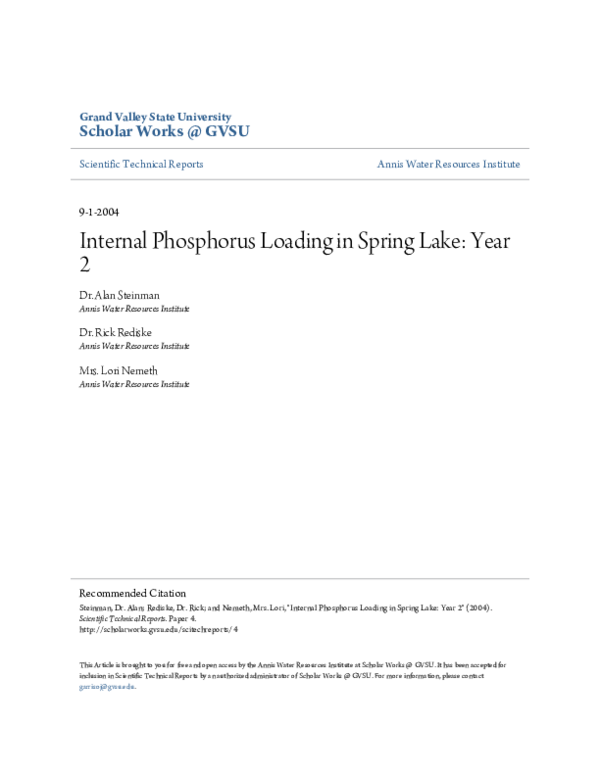 (PDF) Internal Phosphorus Loading in Spring Lake: Year 2