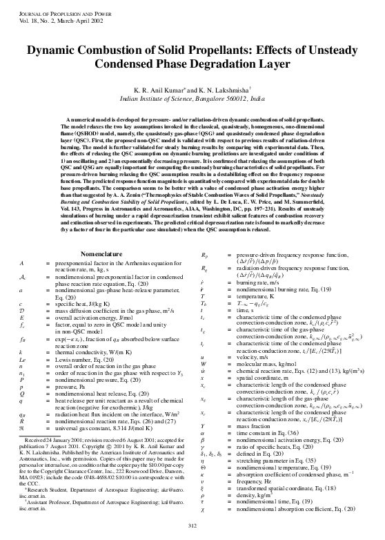 (PDF) Dynamic Combustion of Solid Propellants: Effects of Unsteady Condensed Phase Degradation Layer