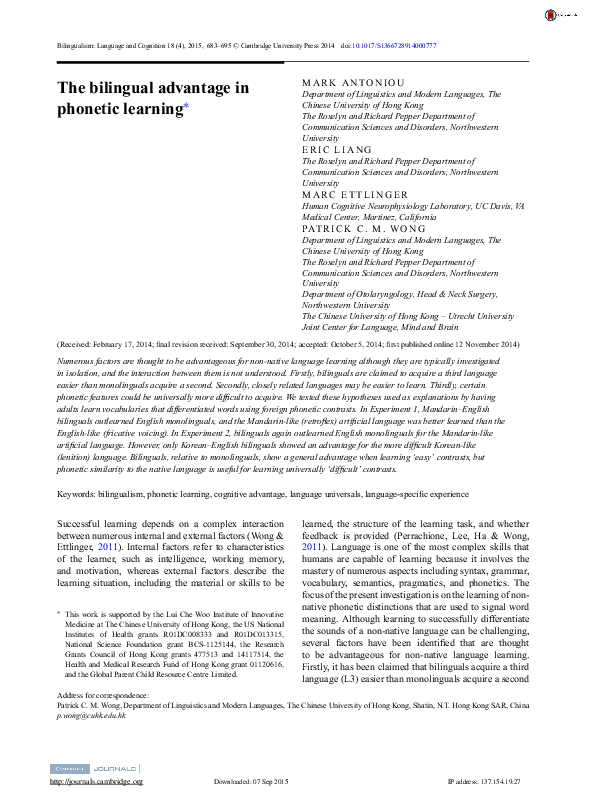 (PDF) The bilingual advantage in phonetic learning