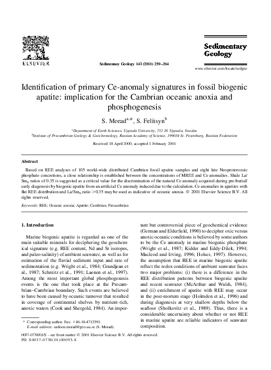 (PDF) Identi®cation of primary Ce-anomaly signatures in fossil biogenic ...