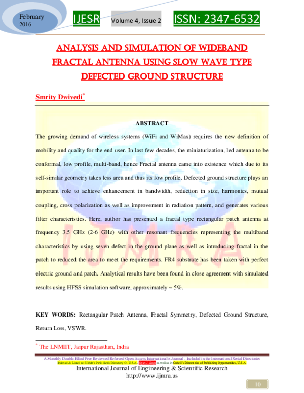 Pdf Analysis And Simulation Of Wideband Fractal Antenna Using Slow Wave Type Defected Ground