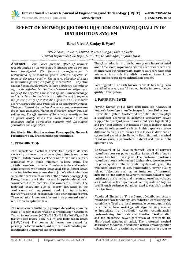 Pdf Effect Of Network Reconfiguration On Power Quality Of Distribution System