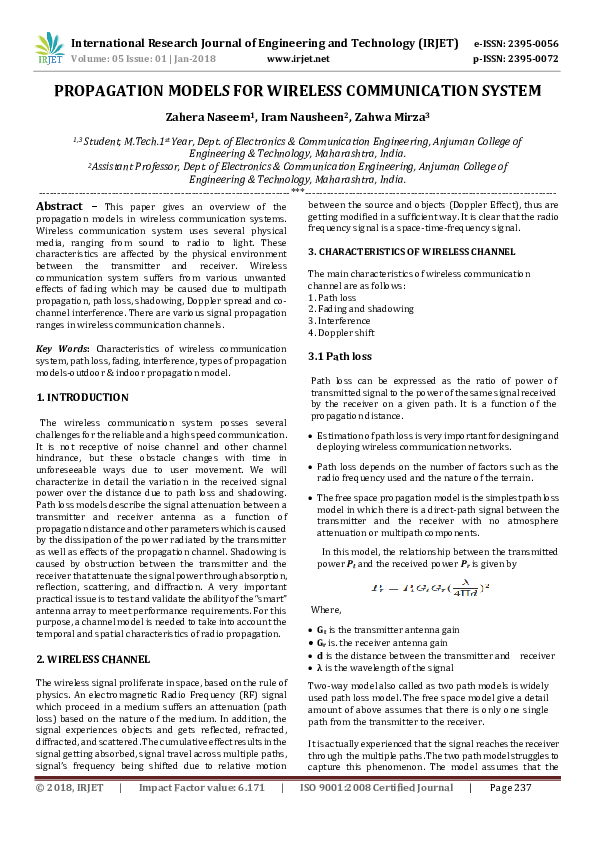 Pdf Propagation Models For Wireless Communication System