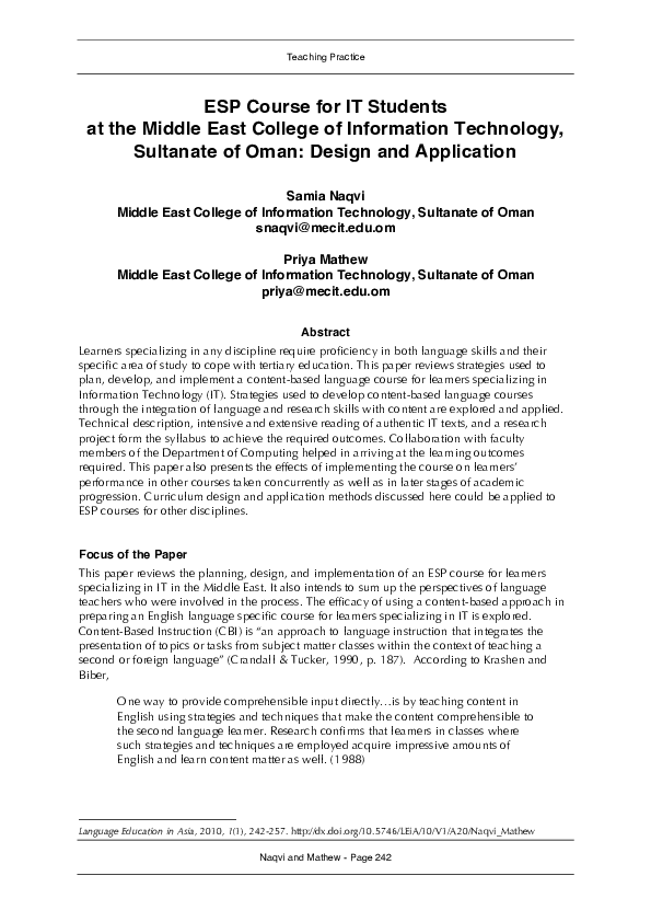 (PDF) ESP Course for IT Students at the Middle East College of Information Technology, Sultanate ...