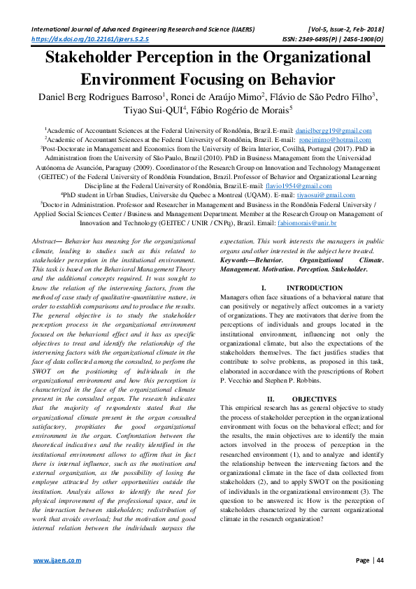 (PDF) Stakeholder Perception in the Organizational Environment Focusing ...