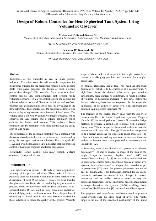 (PDF) Design of Robust Controller for Hemi-Spherical Tank System Using Volumetric Observer