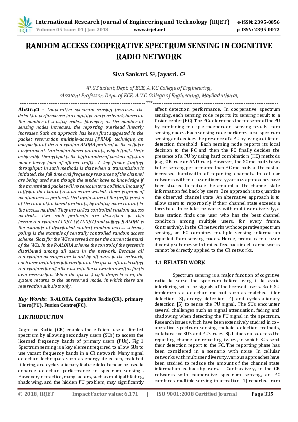 Pdf Random Access Cooperative Spectrum Sensing In Cognitive Radio Network Irjet Journal