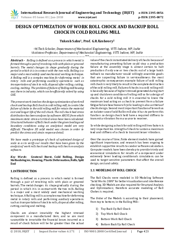 (PDF) DESIGN OPTIMIZATION OF WORK ROLL CHOCK AND BACKUP ROLL CHOCK IN ...