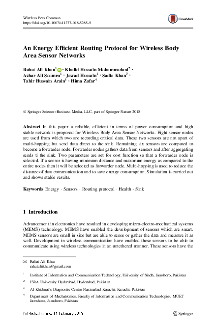 Pdf An Energy Efficient Routing Protocol For Wireless Body Area Sensor Networks Jawad
