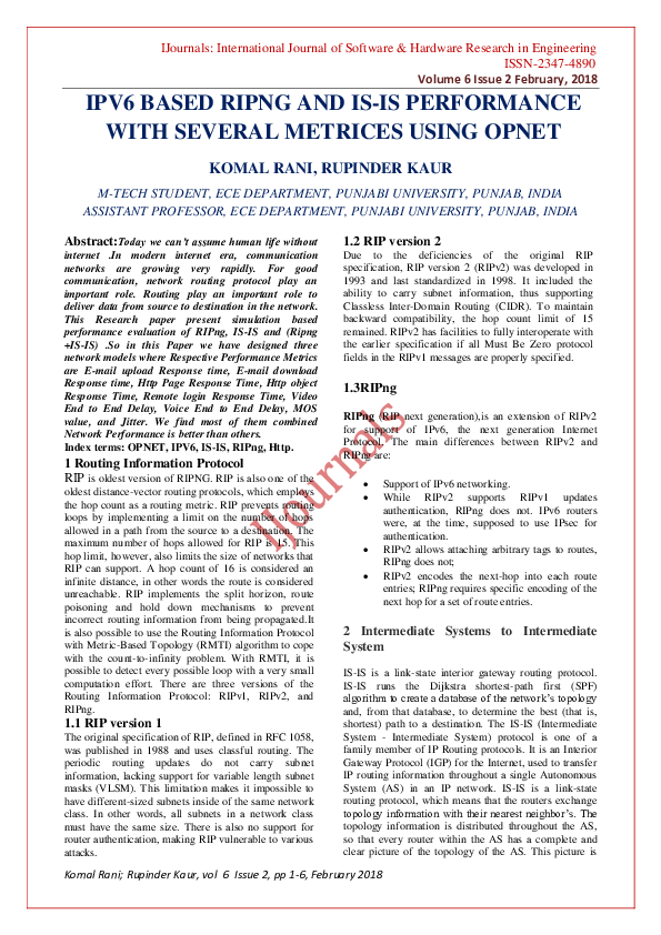 Pdf Ipv6 Based Ripng And Is Is Performance With Several Metrices