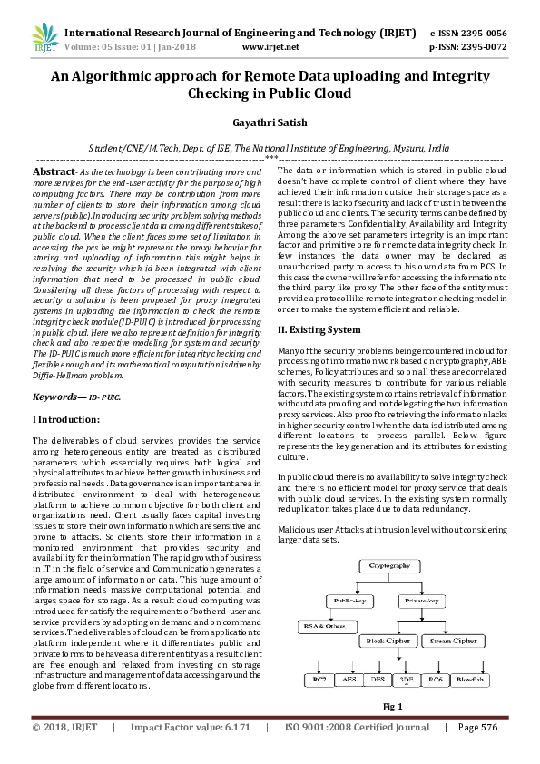 Pdf An Algorithmic Approach For Remote Data Uploading And Integrity Checking In Public Cloud