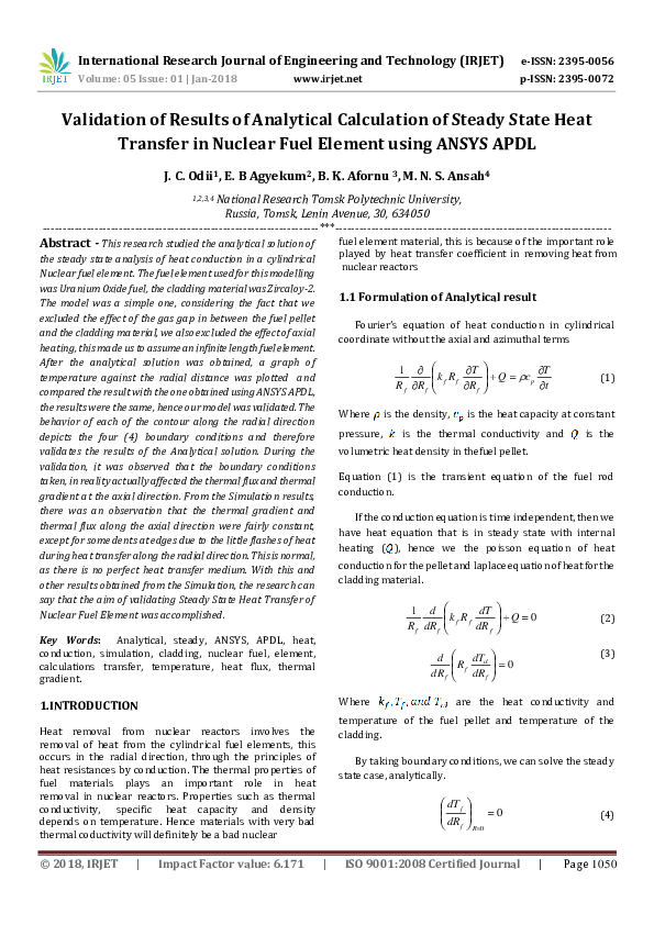 Pdf Validation Of Results Of Analytical Calculation Of Steady State Heat Transfer In Nuclear