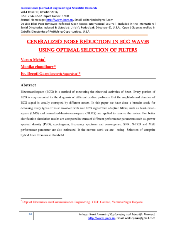 Pdf Generalized Noise Reduction In Ecg Waves Using Optimal Selection Of Filters