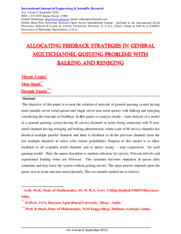 (PDF) ALLOCATING FEEDBACK STRATEGIES IN GENERAL MULTICHANNEL QUEUING PROBLEMS WITH BALKING AND ...