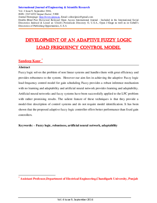 (PDF) Development of an Adaptive Fuzzy Logic Load Frequency Control Model (PDF) Development of an Adaptive Fuzzy Logic Load Frequency Control Model