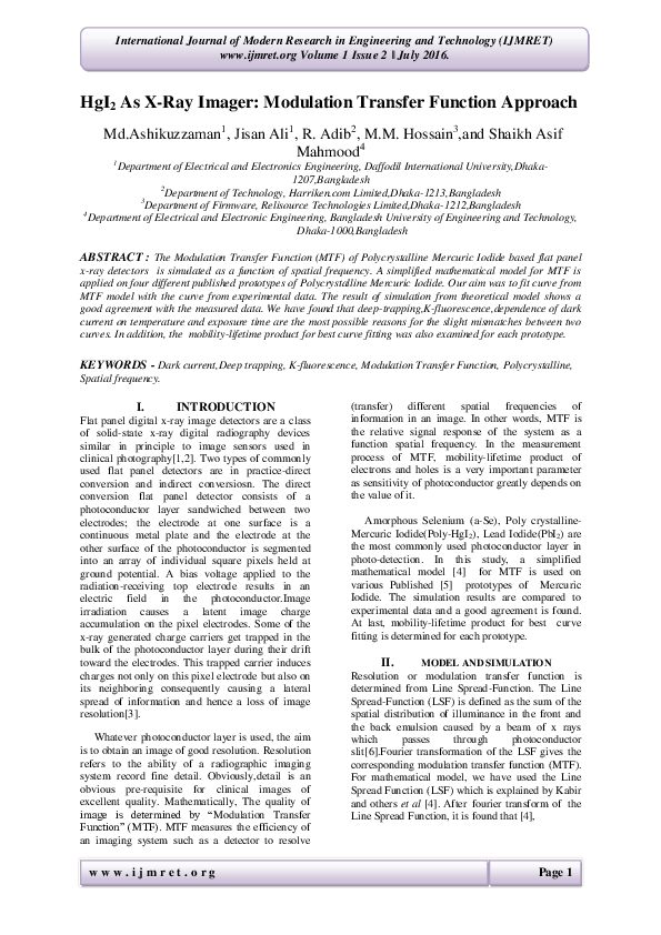 (PDF) HgI2 As X-Ray Imager: Modulation Transfer Function Approach