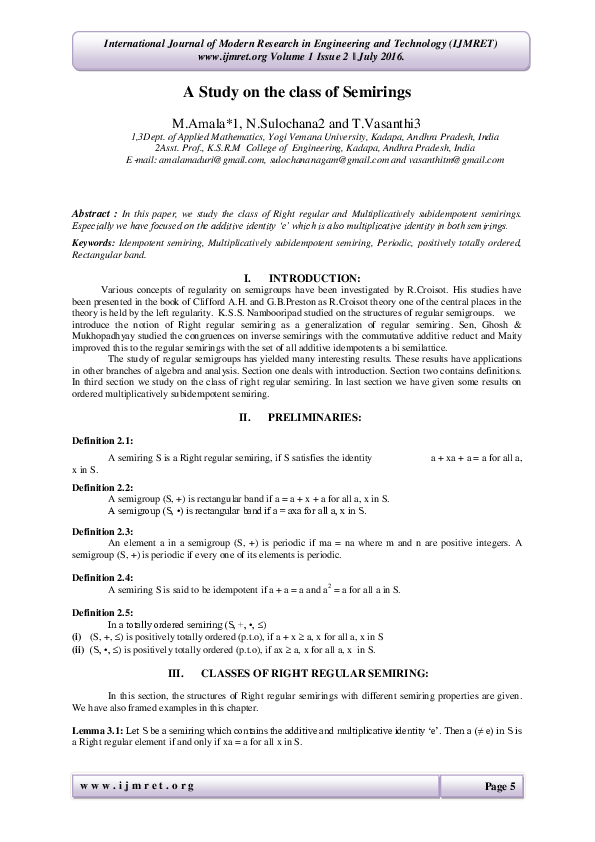 (PDF) A Study on the class of Semirings