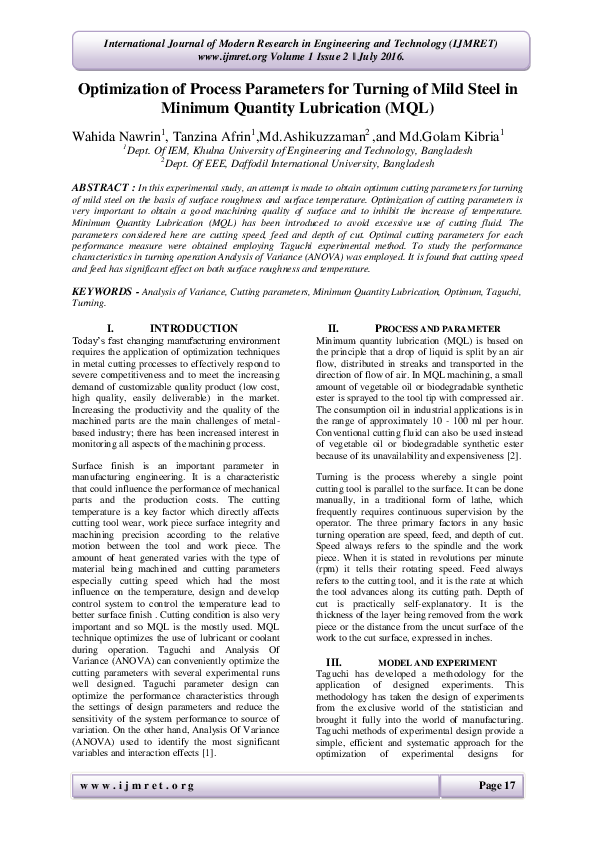 (PDF) Optimization of Process Parameters for Turning of Mild Steel in Minimum Quantity ...