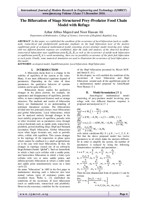 Pdf The Bifurcation Of Stage Structured Prey Predator Food Chain Model With Refuge