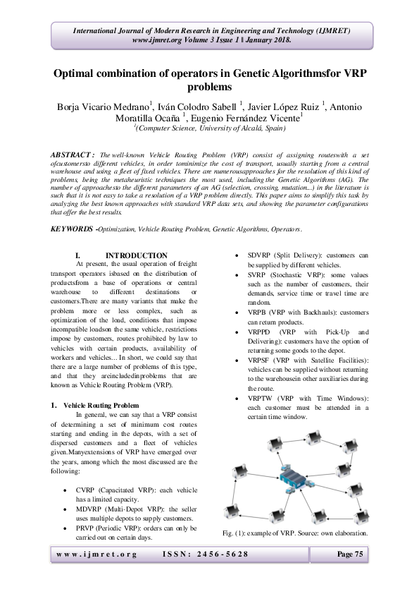 Pdf Optimal Combination Of Operators In Genetic Algorithmsfor Vrp