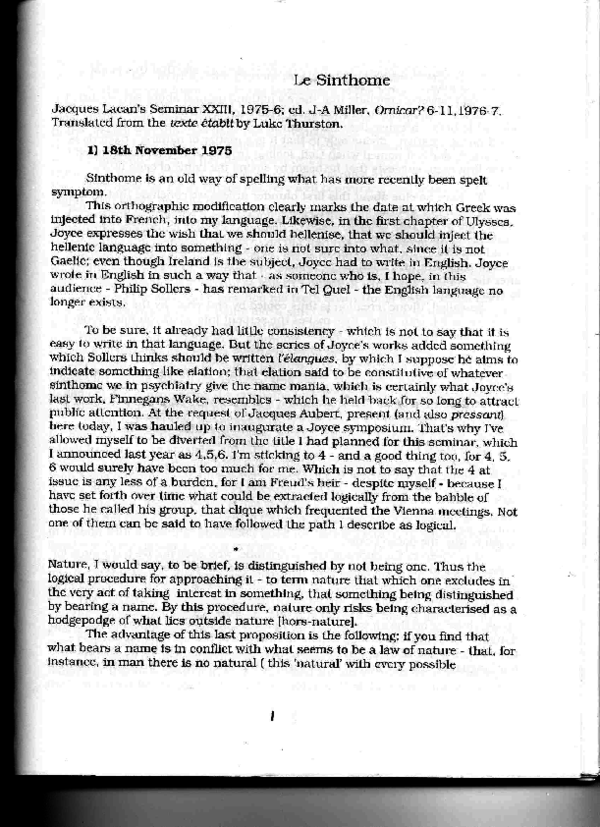 (PDF) The Seminar of Jacques Lacan XXIII: Le Sinthome