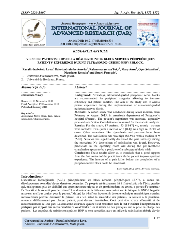 (PDF) VECU DES PATIENTS LORS DE LA R?ALISATION DES BLOCS NERVEUX P?RIPH?RIQUES PATIENTS ...
