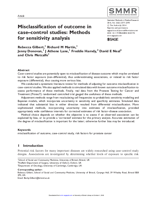 (PDF) Misclassification of outcome in case–control studies: Methods for sensitivity analysis ...
