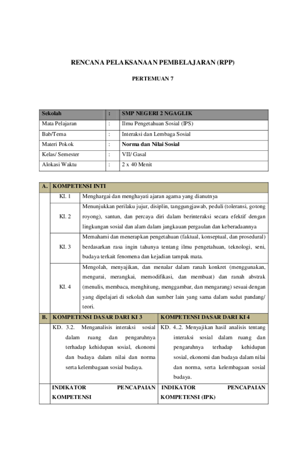 (PDF) RPP IPS KELAS VII SEMESTER 1 Norma dan Nilai Sosial