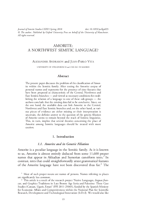 (PDF) AMORITE: A NORTHWEST SEMITIC LANGUAGE? Journal of Semitic Studies ...