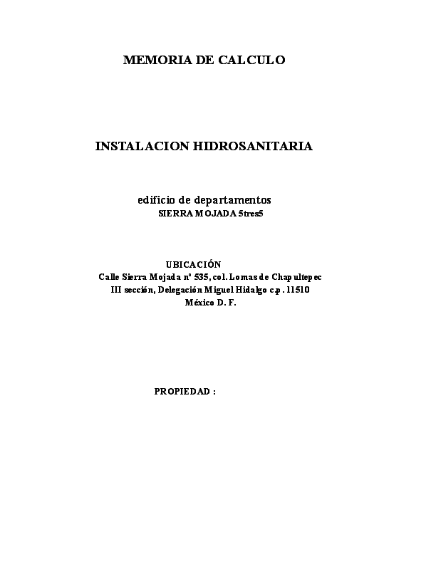 Memoria de calculo instalacion hidrosanitaria Memoria de calculo instalacion hidrosanitaria