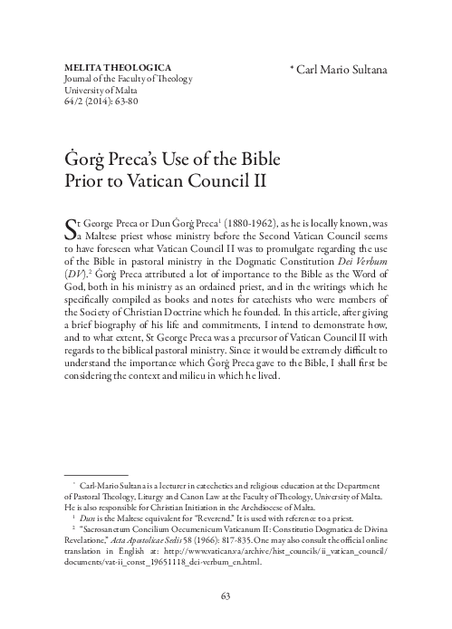 (PDF) Gorg Preca's Use of the Bible Prior to Vatican II