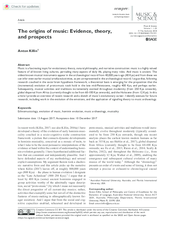 (PDF) The origins of music: Evidence, theory, and prospects