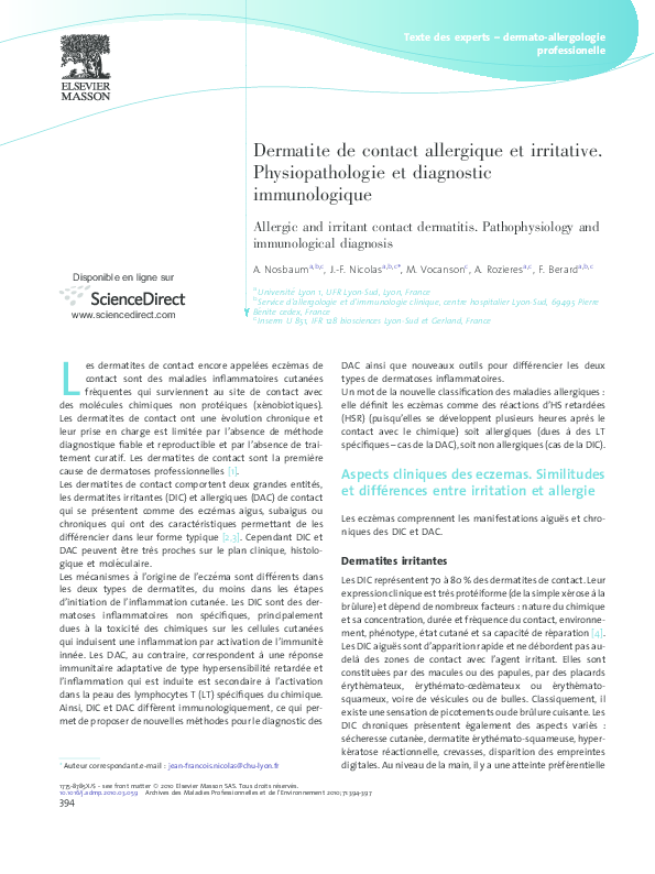 (PDF) Dermatite de contact allergique et irritative. Physiopathologie ...