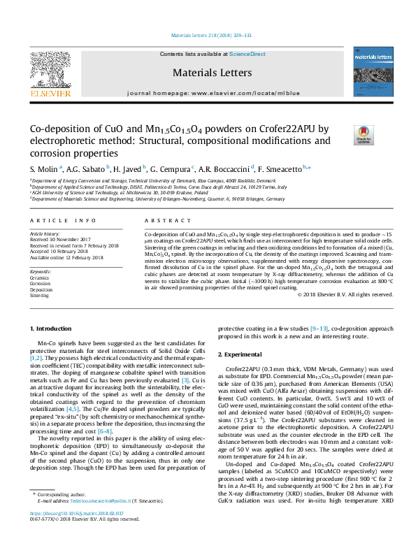 Co-deposition of CuO and Mn 1.5 Co 1.5 O 4 powders on Crofer22APU by ...