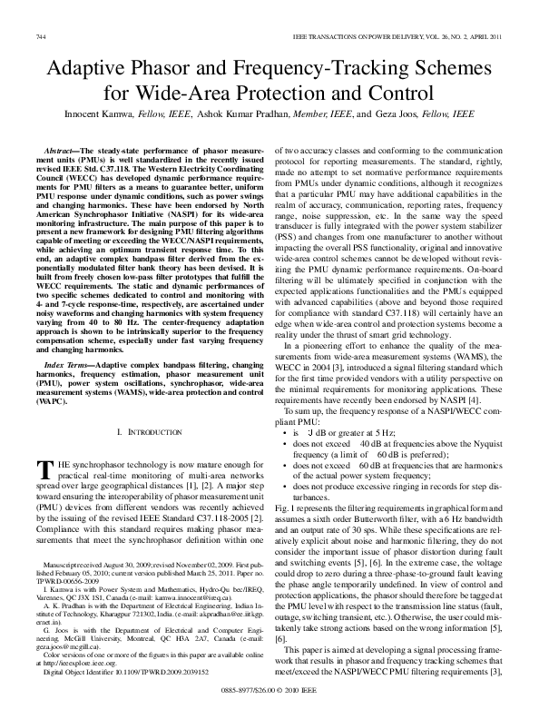 (PDF) Adaptive Phasor and Frequency-Tracking Schemes for Wide-Area Protection and Control