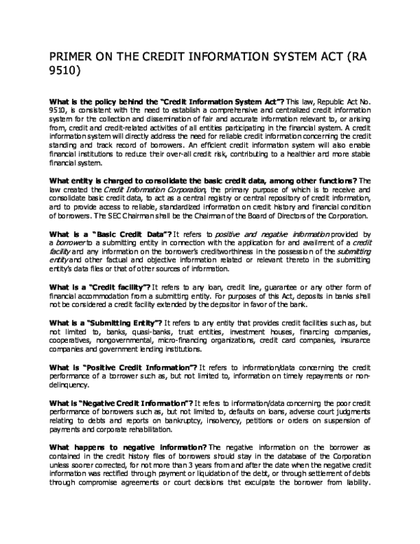 (DOC) PRIMER ON THE CREDIT INFORMATION SYSTEM ACT (RA 9510