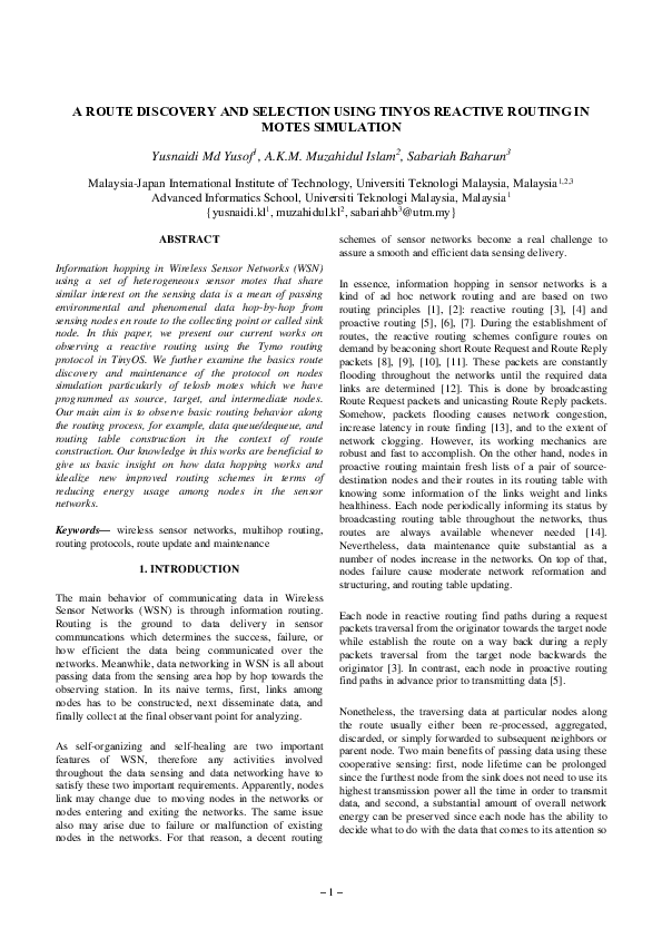 Pdf A Route Discovery And Selection Using Tinyos Reactive Routing In