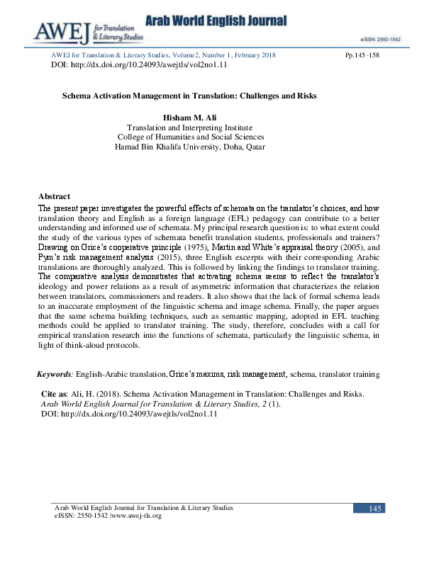 (PDF) Schema Activation Management in Translation: Challenges and Risks