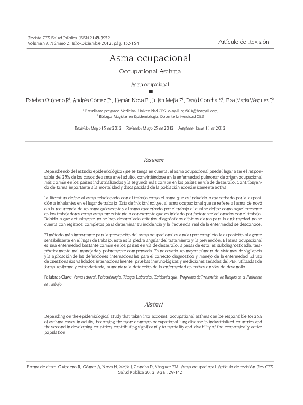 (PDF) Asma Ocupacional. Artículo de revisión (Occupational Asthma review)