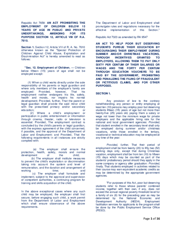 (PDF) Republic Act 7658-AN ACT PROHIBITING THE EMPLOYMENT OF CHILDREN ...