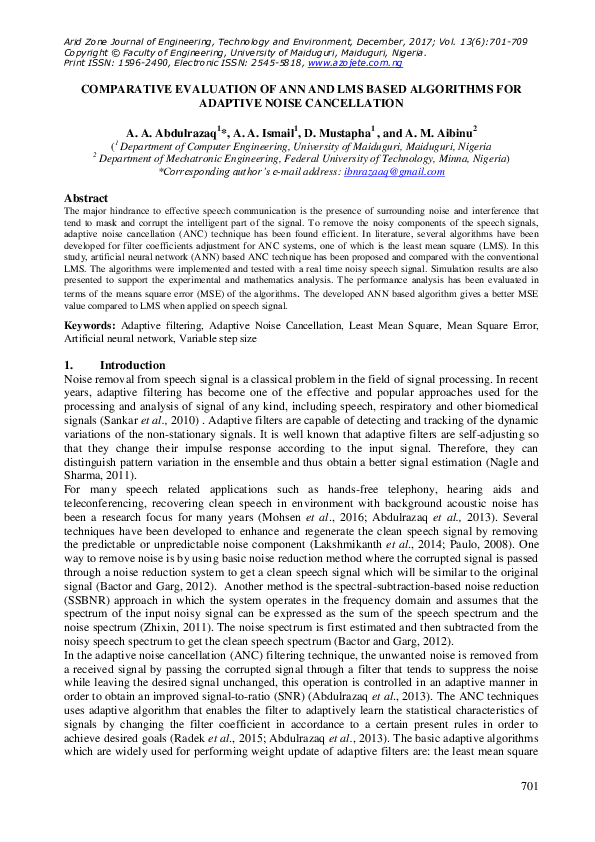 Pdf Comparative Evaluation Of Ann And Lms Based Algorithms For Adaptive Noise Cancellation
