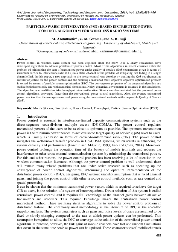 Pdf Particle Swarm Optimization Pso Based Distributed Power Control Algorithm For Wireless