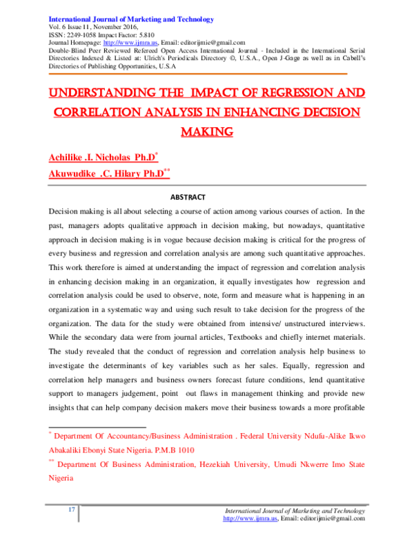 PDF UNDERSTANDING THE IMPACT OF REGRESSION AND CORRELATION ANALYSIS IN ENHANCING DECISION PDF UNDERSTANDING THE IMPACT OF REGRESSION AND CORRELATION ANALYSIS IN ENHANCING DECISION