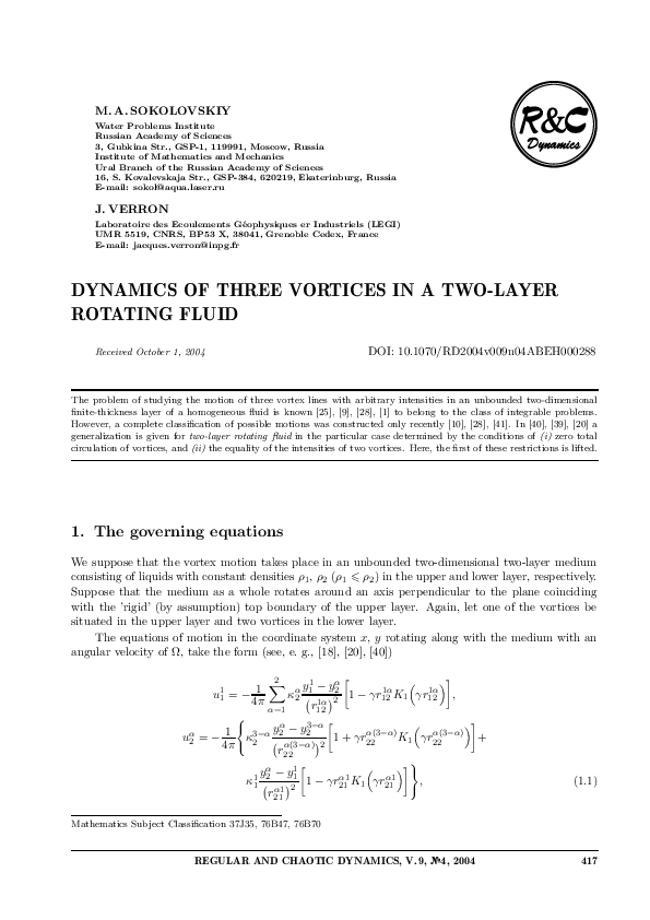 Pdf Dynamics Of Three Vortices In A Two Layer Rotating Fluid