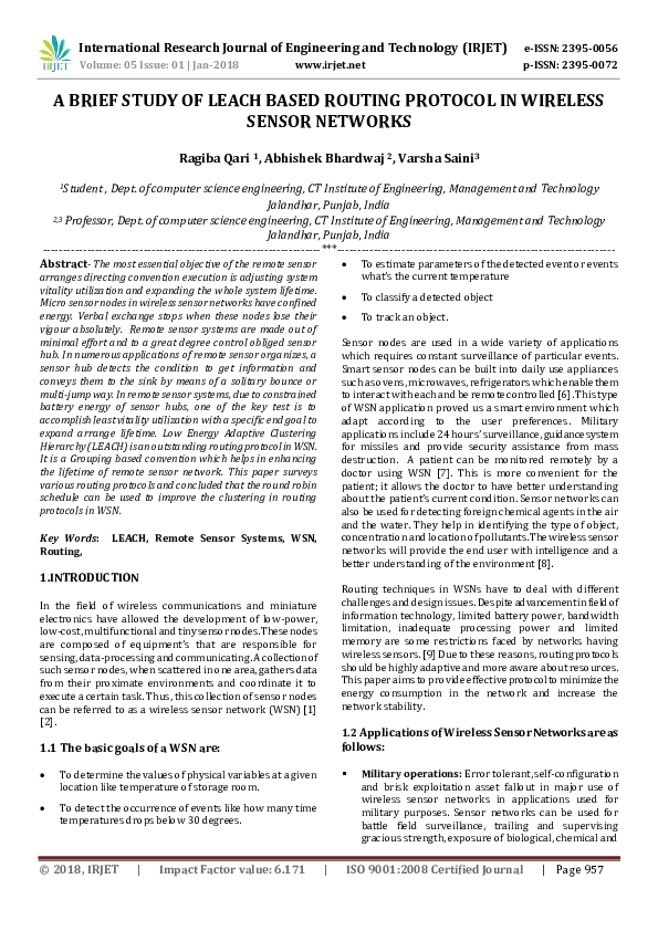 (PDF) A BRIEF STUDY OF LEACH BASED ROUTING PROTOCOL IN WIRELESS SENSOR NETWORKS
