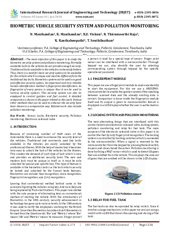 (PDF) BIOMETRIC VEHICLE SECURITY SYSTEM AND POLLUTION MONITORING