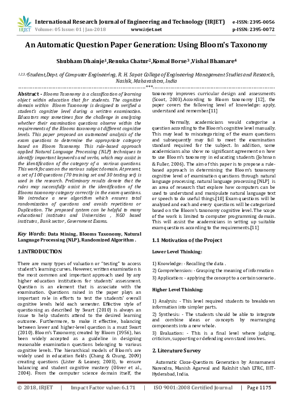 (PDF) An Automatic Question Paper Generation: Using Bloom's Taxonomy