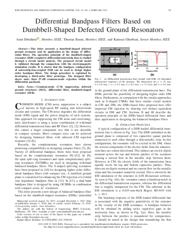 Pdf Differential Bandpass Filters Based On Dumbbell Shaped Defected Ground Resonators