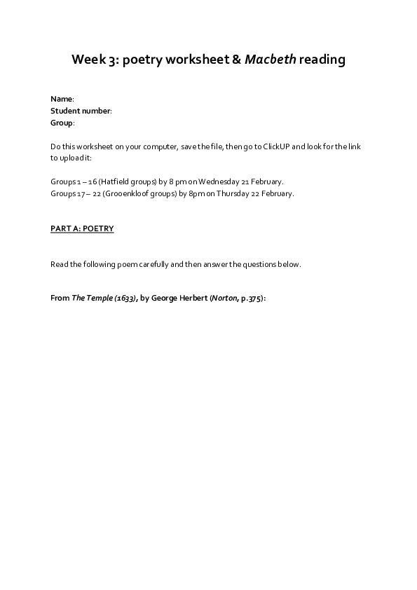 (DOC) Week 3: poetry worksheet & Macbeth reading